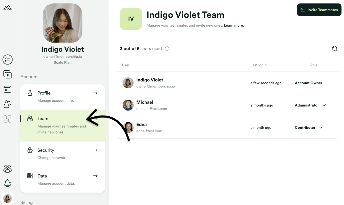 Manage Team accounts in Membership.io